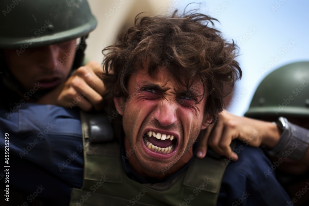 The closeup captures the terror in a hostages face as they are held at ...