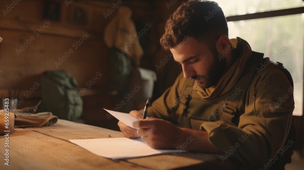 Closeup of an Israeli soldier writing a letter to his family, his face ...