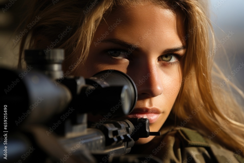 Closeup of an Israeli female soldier, her hair neatly tucked into her ...