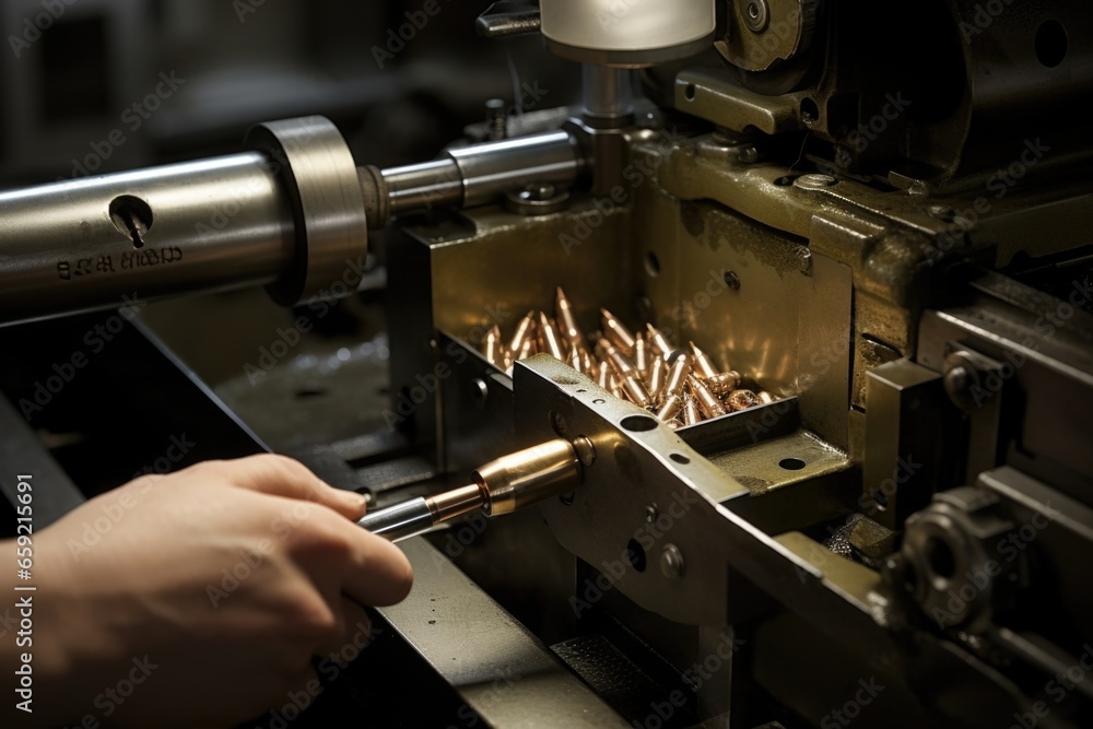 Detailed view of a bullet being loaded into the chamber of a machine ...
