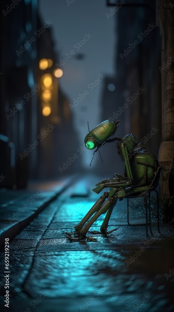 A sad broken down robot in a back alley in a futuristic cyberpunk city ...