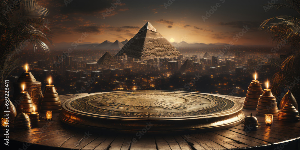 Ancient golden product display podium with pyramids background. Stock ...