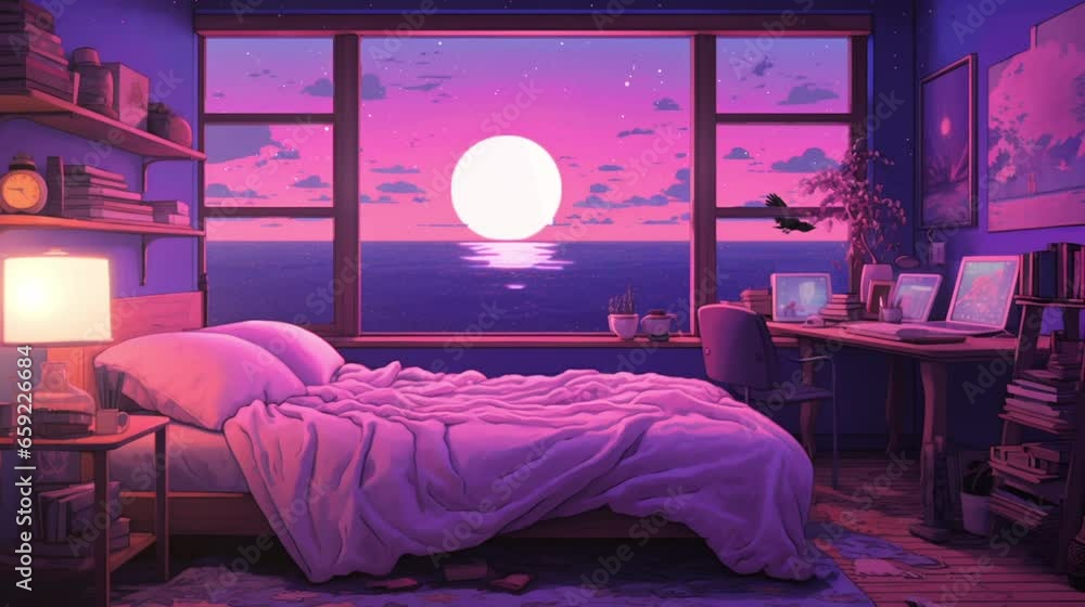 Pink bedroom, lofi, music visualizer, VTuber, animation, moon, moonlit ...