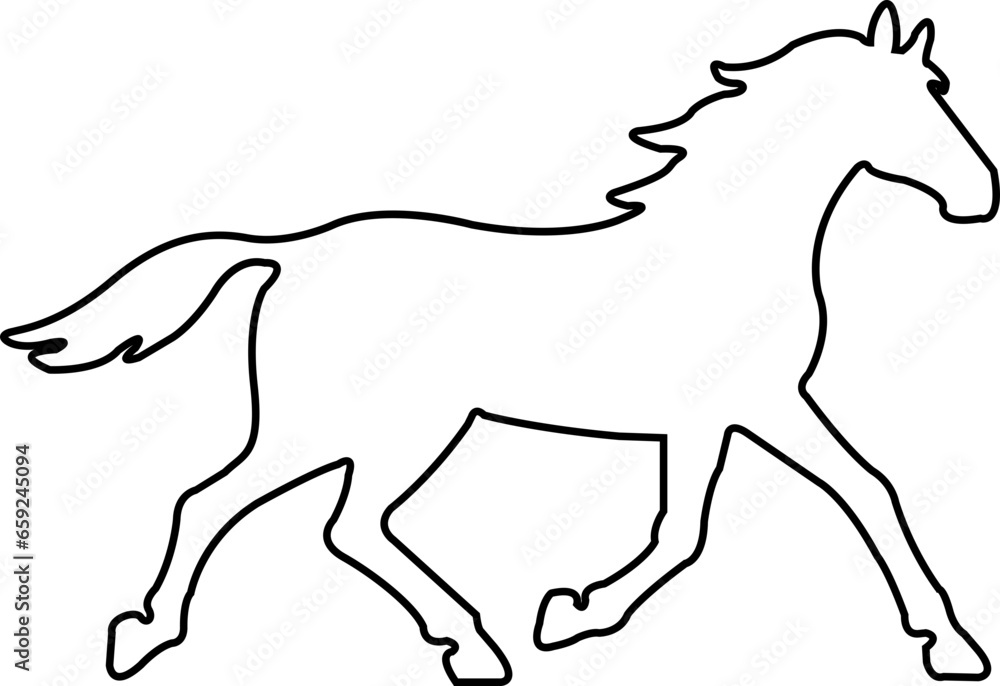 Black line silhouette of a rearing horse. Prancing stallion pricked up ...