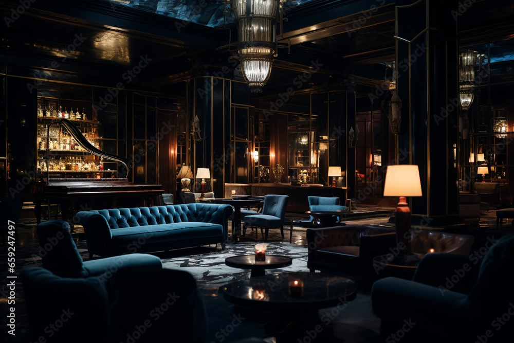 mesmerizing depiction of a grand, opulent jazz bar lounge, exuding a ...