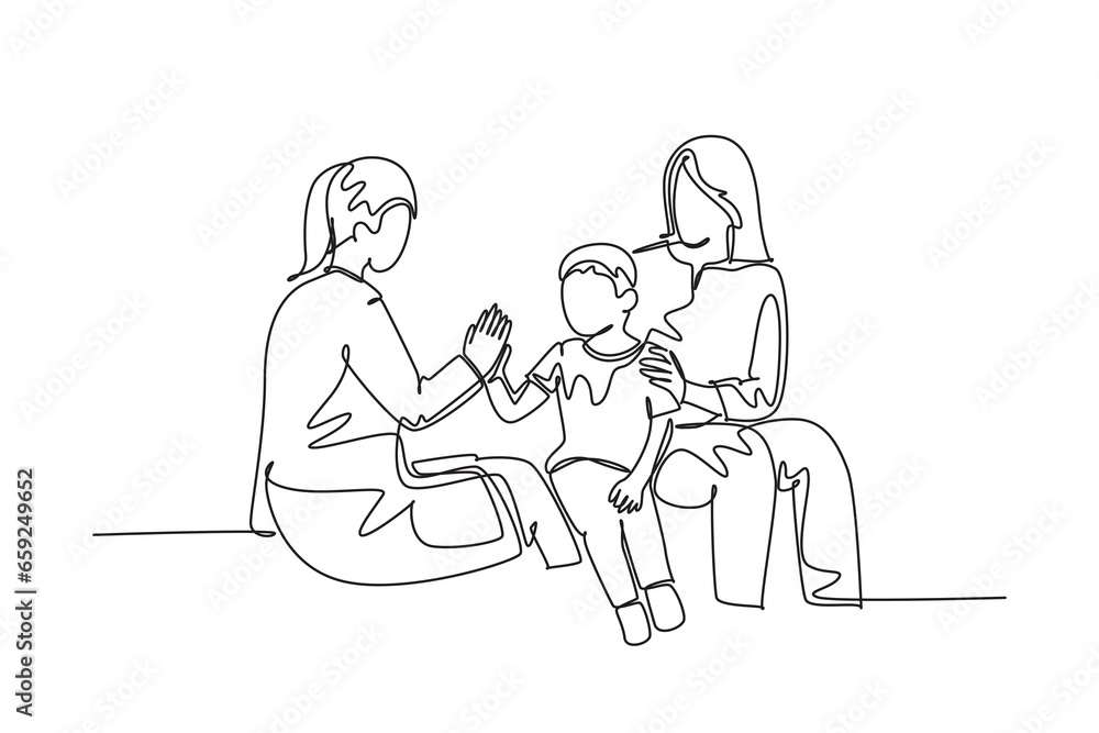 Continuous one line drawing young happy female doctor checking up sick ...