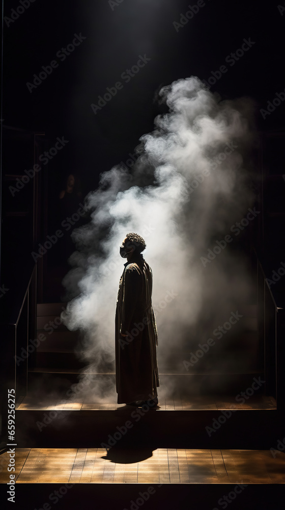 Mystique Unveiled: A Lone Figure on a Foggy Stage,Silhouette of a ...