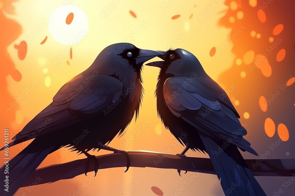 cartoon illustration, a pair of crows kissing Stock Illustration ...