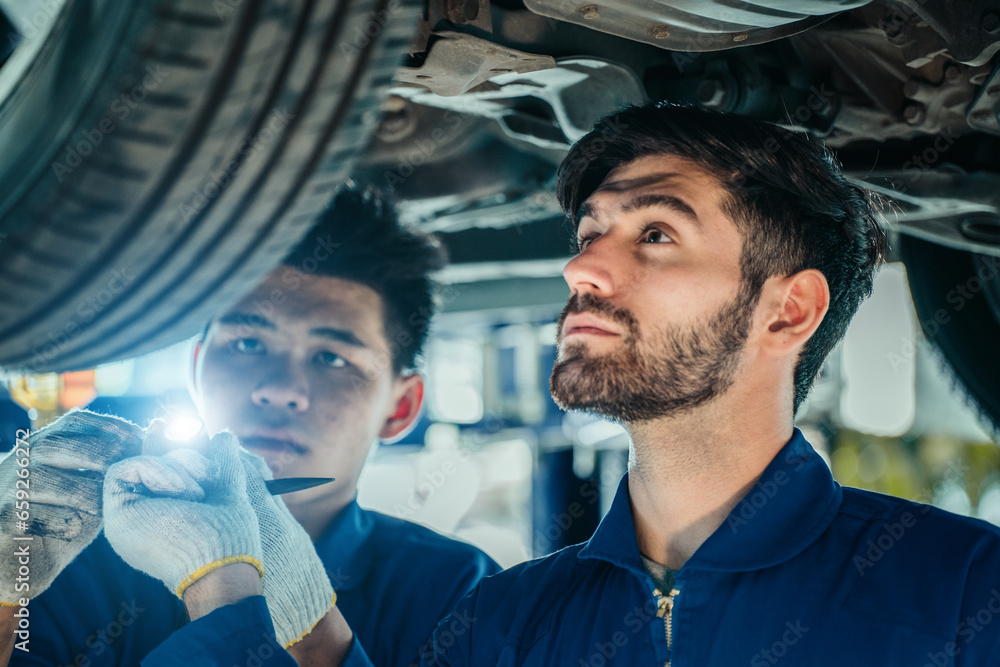 Car repair service. Two handsome young technician checking car ...