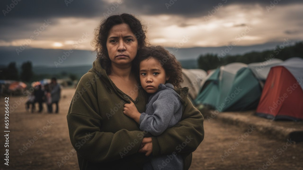 large community of families and sad children and women at refugee camp ...