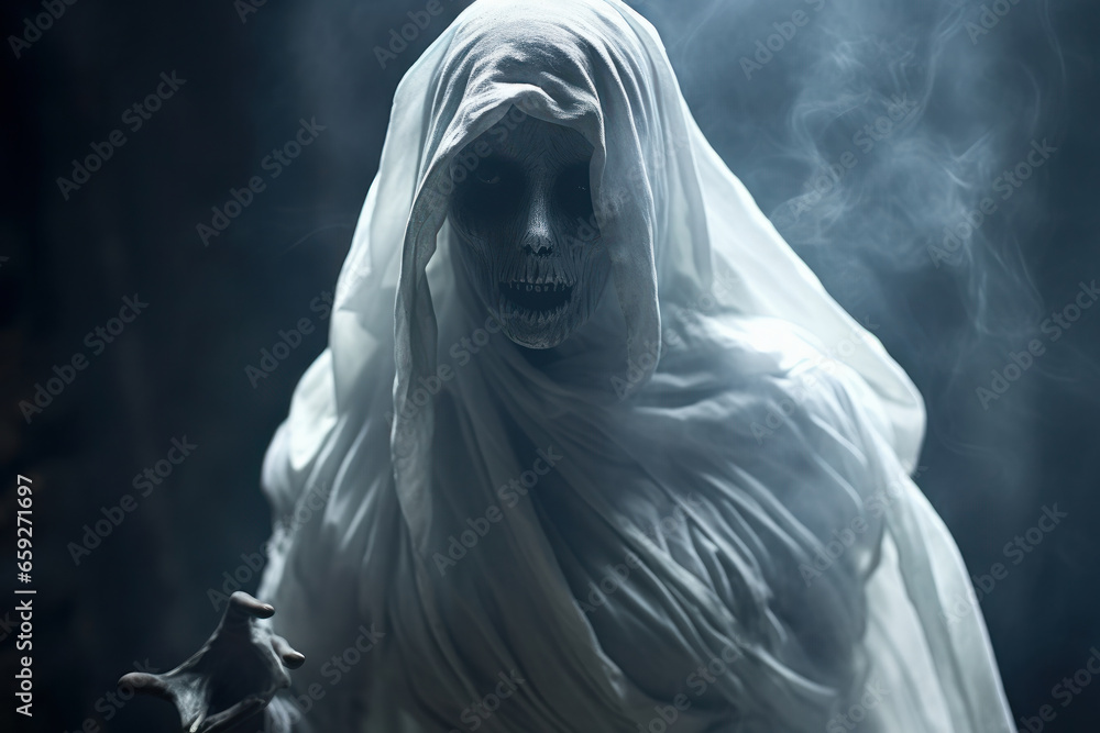 In an eerie portrait, a woman with ghostly white hair dons a haunting ...