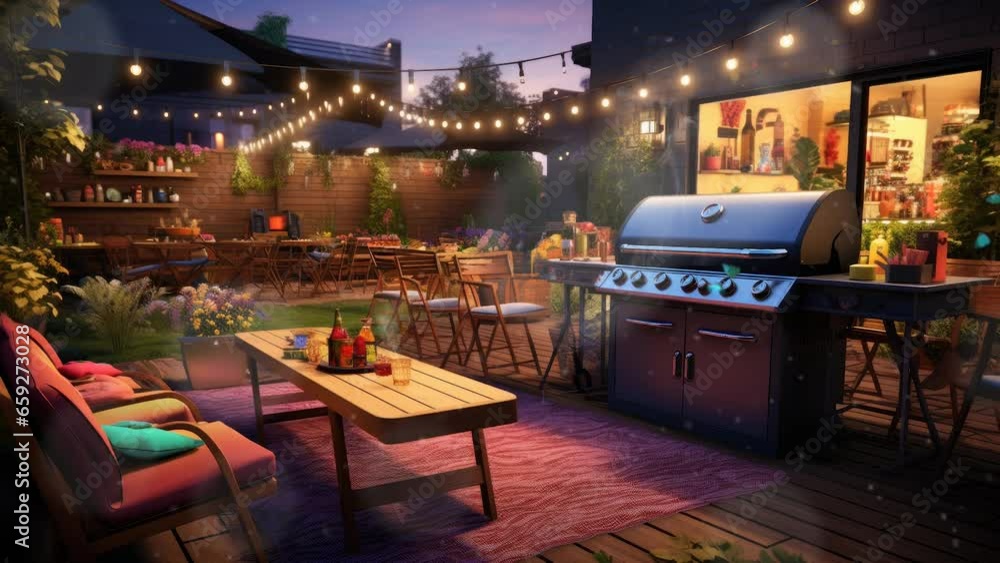 A backyard barbecue party with a grill sizzling with burgers and ...