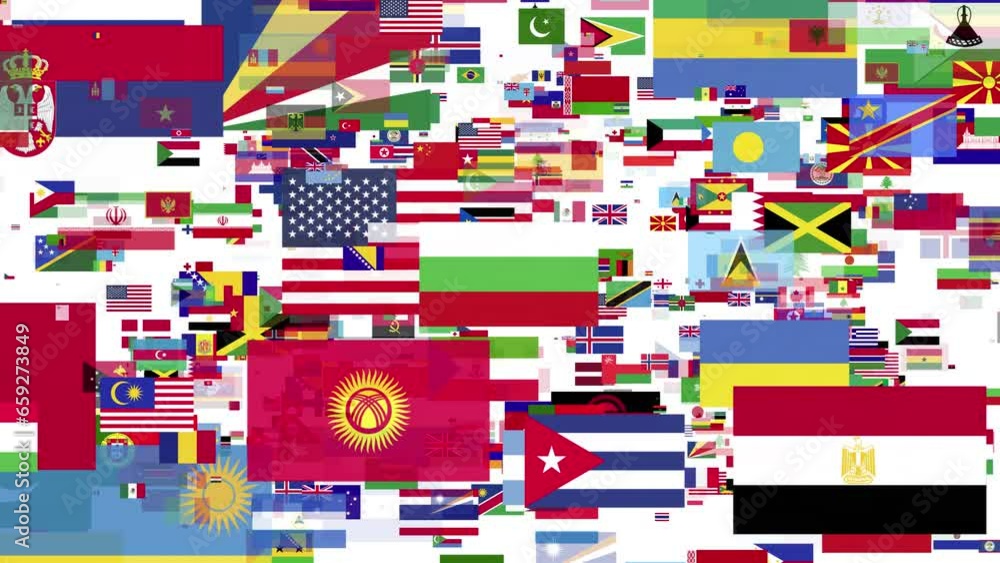 all world country flags flying particle background in seamless loop ...