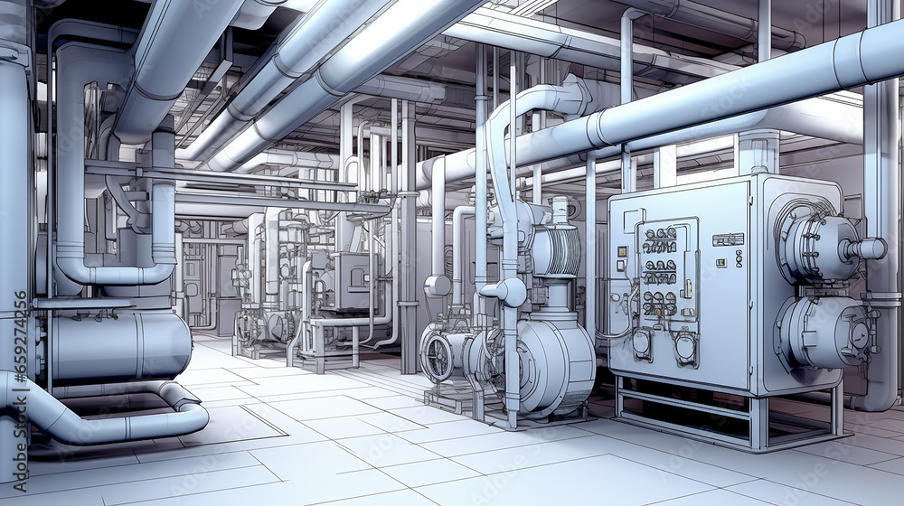 high contrast autocad HVAC plant room drawing in the clubhouse Stock ...