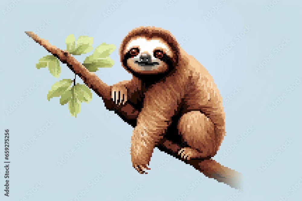 Pixel sloth on a branch with a leaf. Pixel art concept. Cartoon style ...