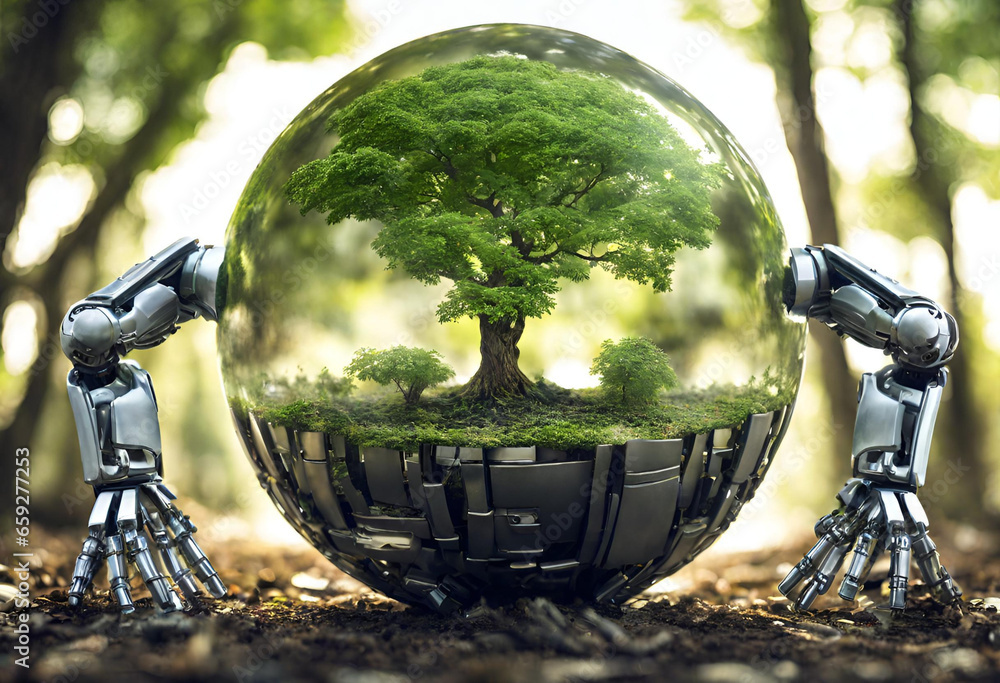 Robotic Hand Holding Globe and Tree, Environmental Technology Concept ...