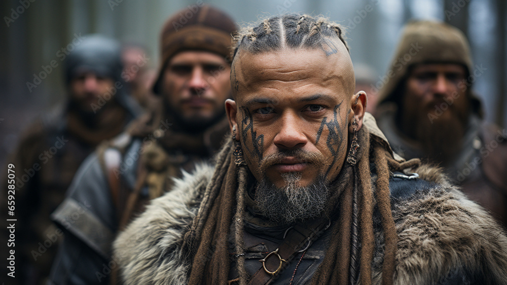 Norse Viking men, dressed in typical Viking attire, with a bald and ...