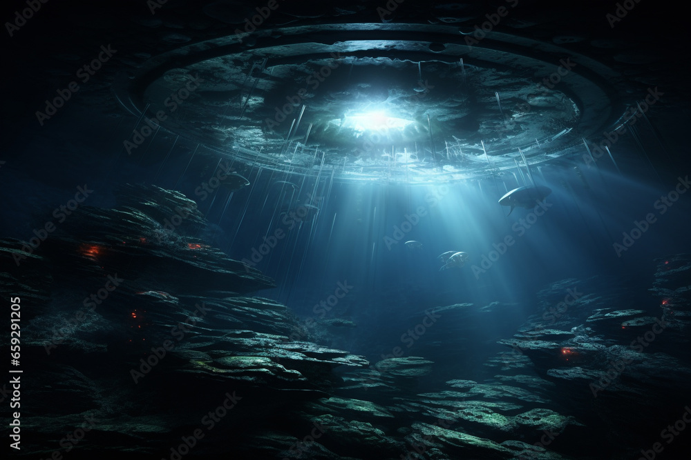 Sci-fi and fantasy concept. UFO and extraterrestrial ship swimming in ...
