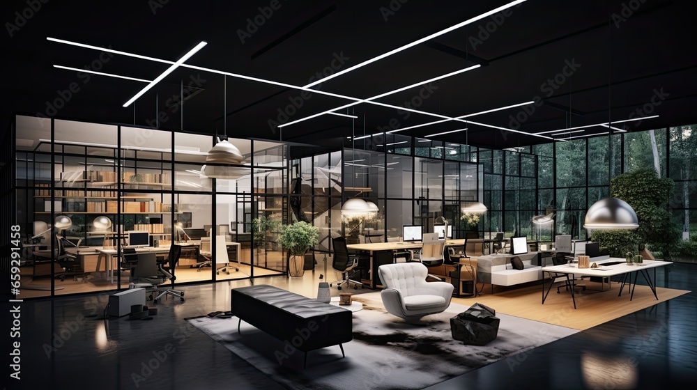 Interior of modern open space office with black walls, concrete floor ...