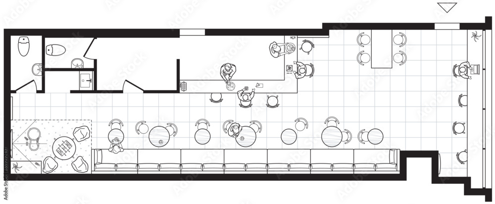 Cafe plan in top view. Floor plan of small restaurant. Arrangement of ...