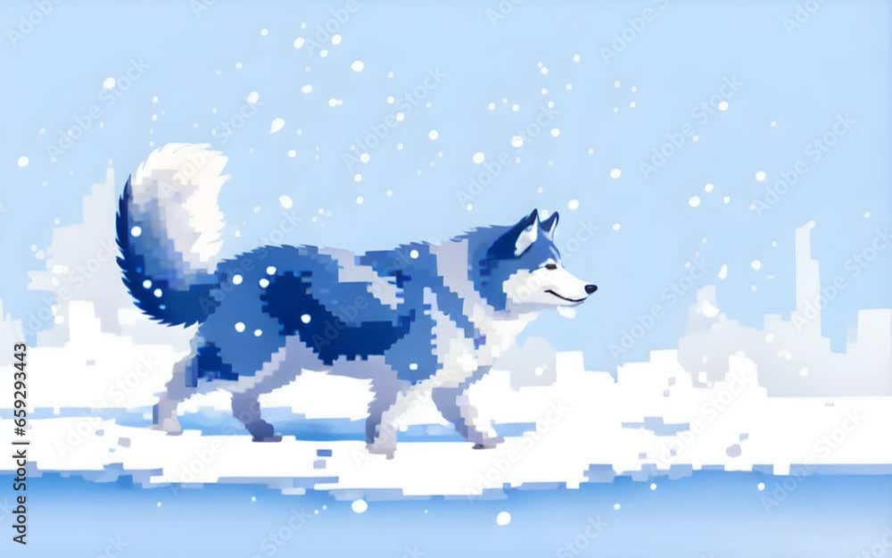 Pixel wolf on the background of winter. Pixel art concept. Cartoon ...