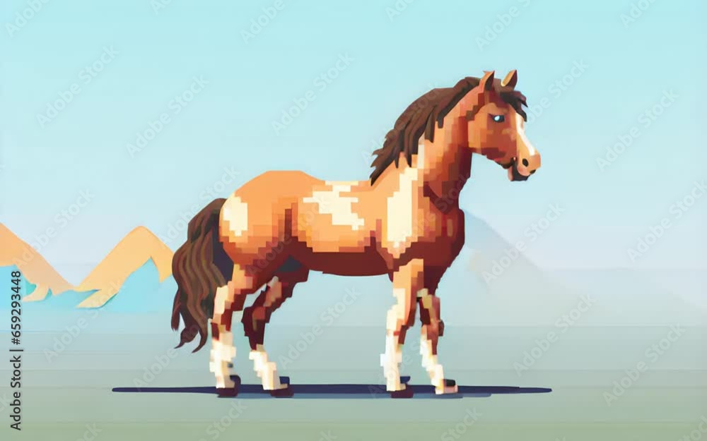 Pixel horse on the background of mountains. Pixel art concept. Cartoon ...