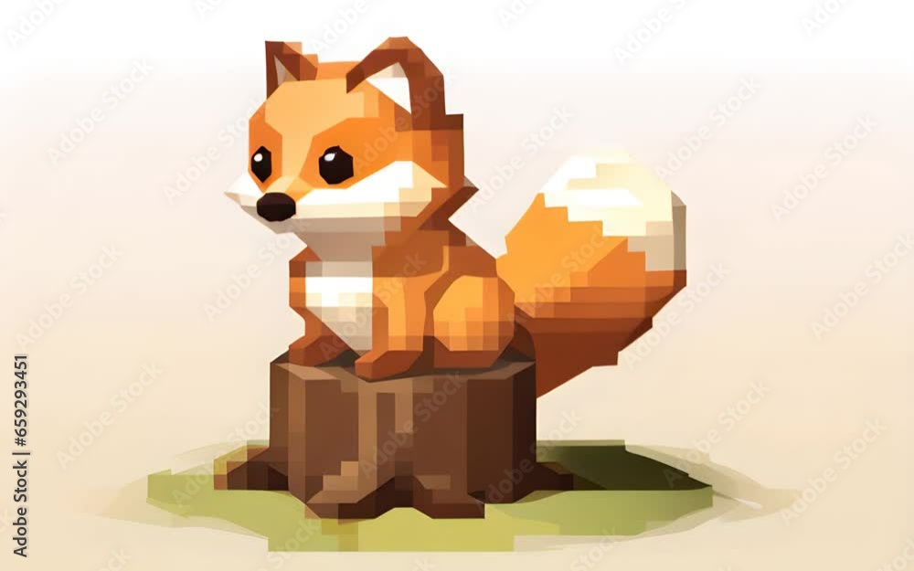 A pixelated fox on a tree stump. Pixel art concept. Cartoon style ...