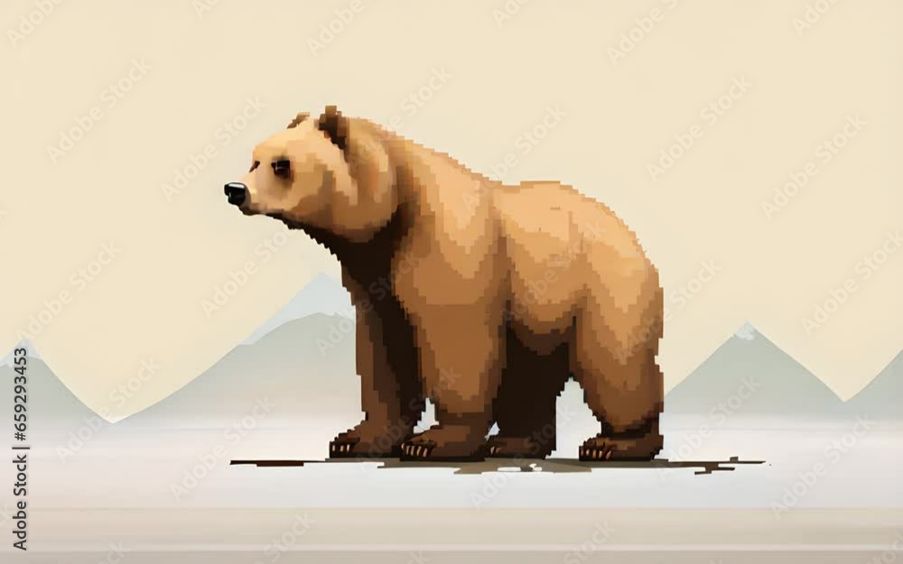 Pixel bear on the background of mountains. Pixel art concept. Cartoon ...
