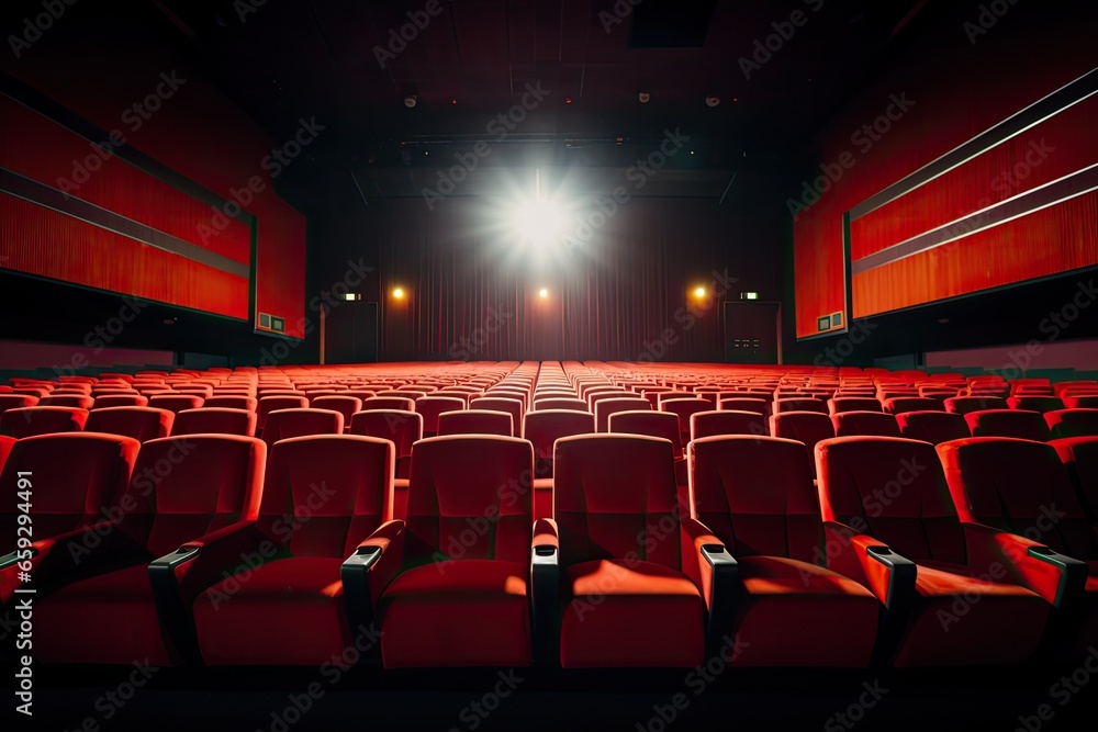 Empty cinema auditorium with red seats and spotlights, 3d render ...