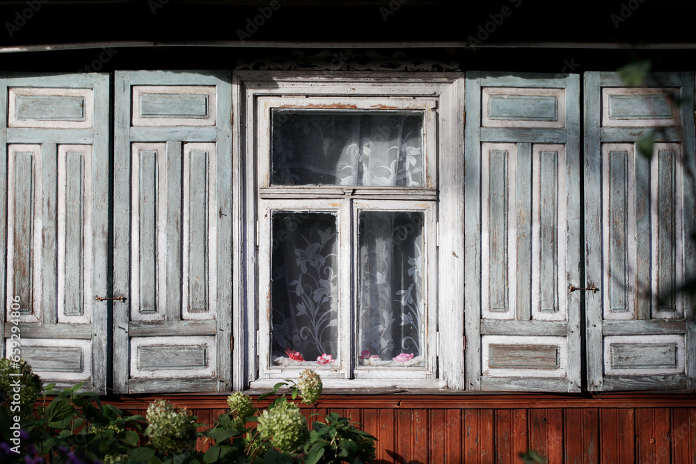 Wooden window background. Rustic cottage house wall. Vintage cabin ...