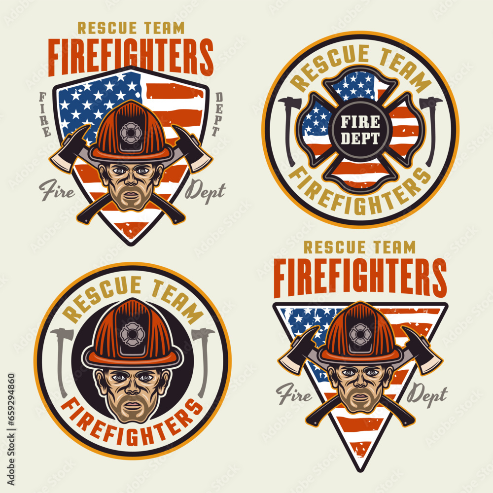 Firefighters set of vector emblems, logos, badges or labels design ...