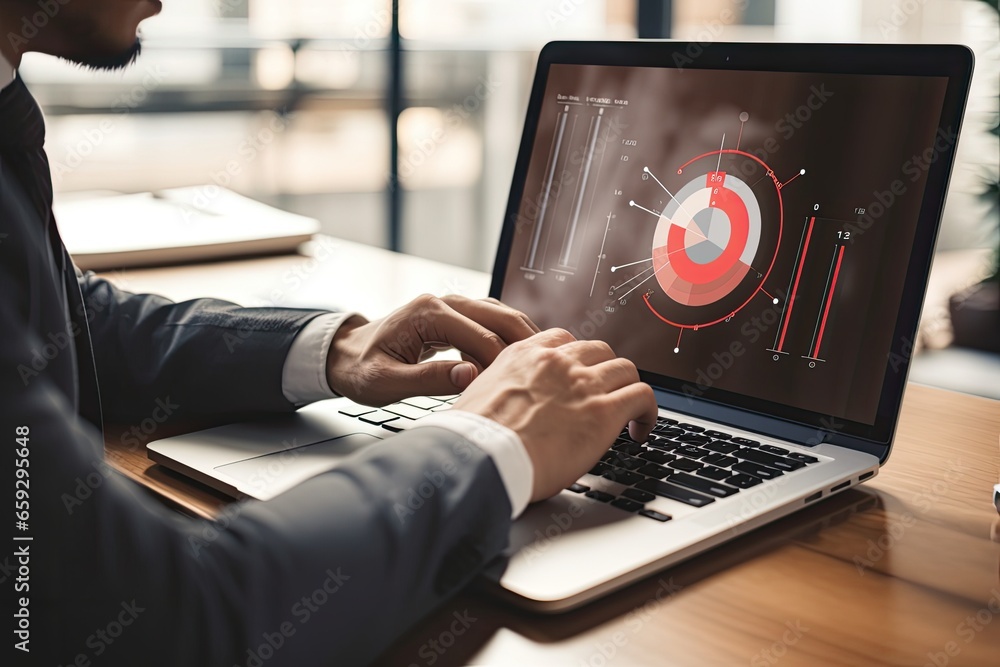 cropped view of businessman using laptop with pie chart on screen in ...