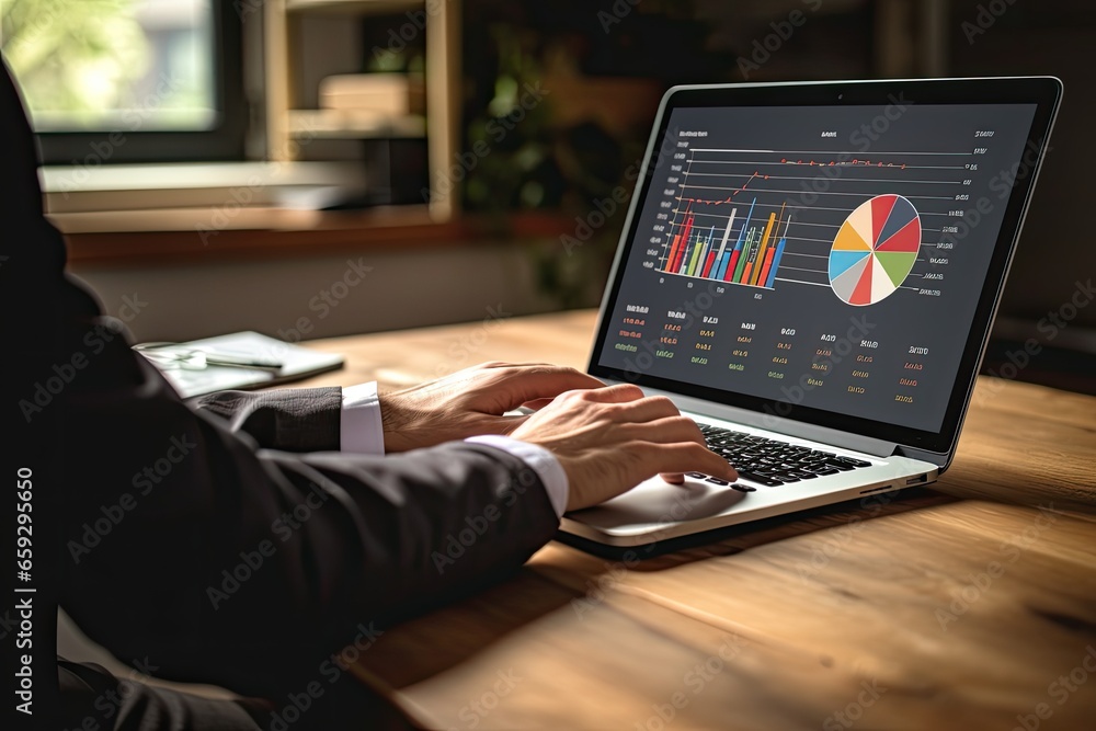 business, people, statistics and technology concept - close up of ...