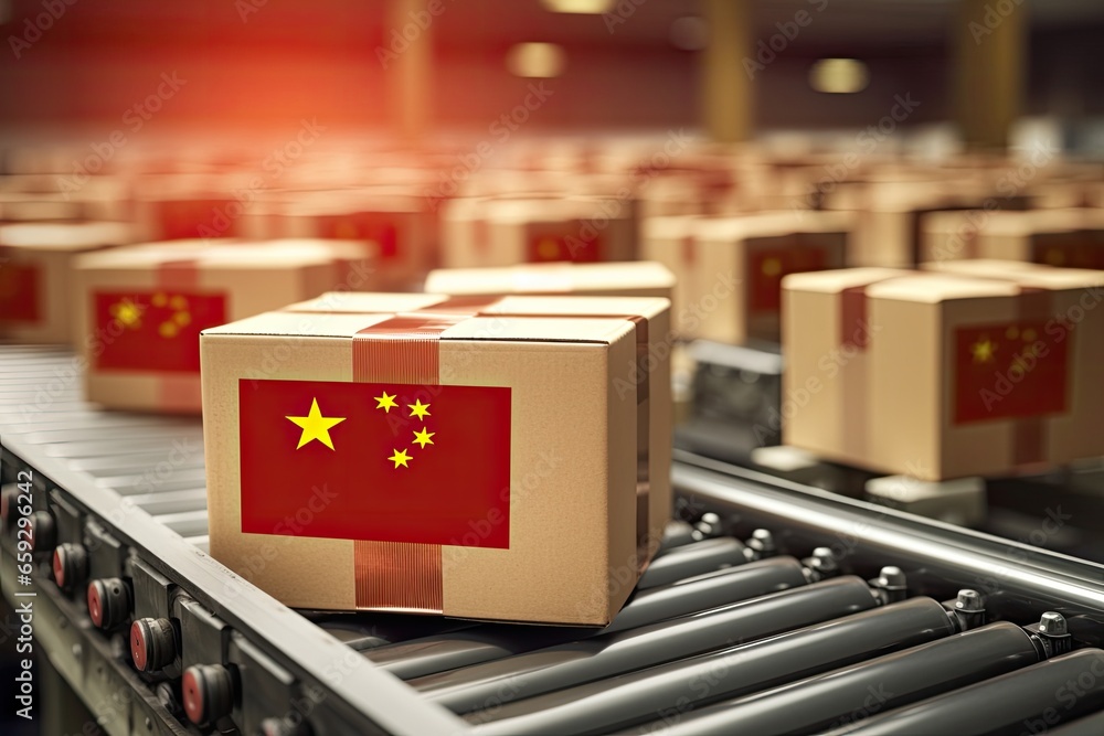 Boxes with China flag on the conveyor belt. 3D Render, Cardboard boxes ...