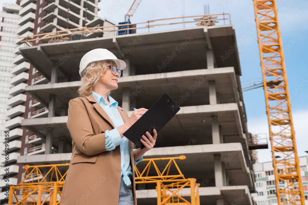 Woman entrepreneur in helmet makes records of work processes at ...