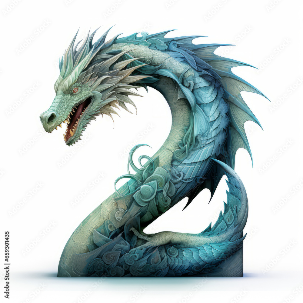 Green Wood Dragon whose wings and feathers make a cursive number 2 ...