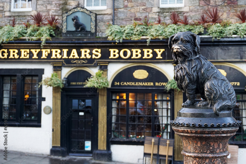 Exterior architecture and detail of 'Greyfriars Bobby monument', a ...