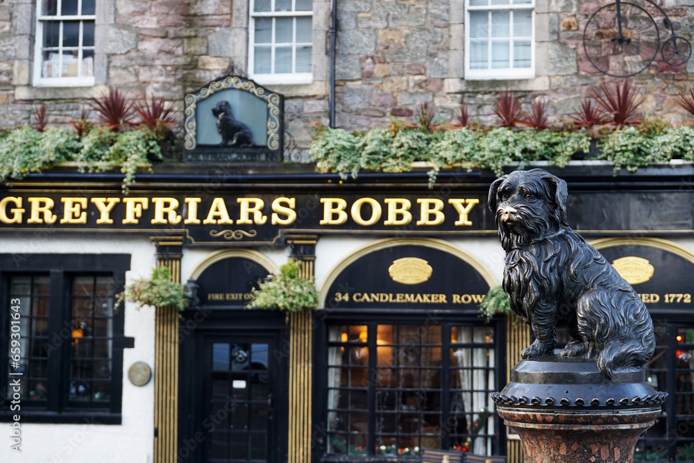 Exterior architecture and detail of 'Greyfriars Bobby monument', a ...