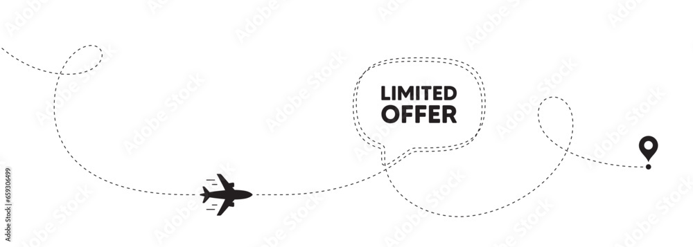 Limited offer tag. Plane travel path line banner. Special promo sign ...