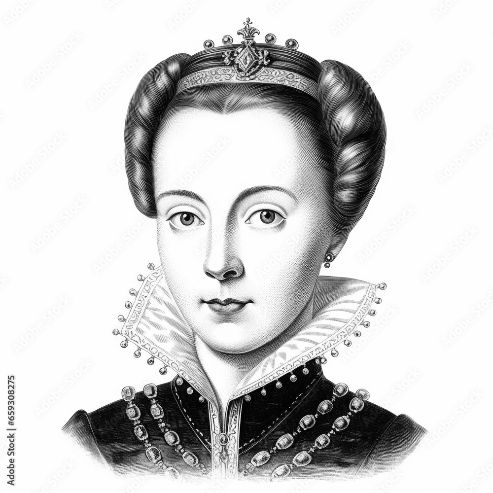 Black and white vintage engraving, headshot portrait of Mary Queen of ...