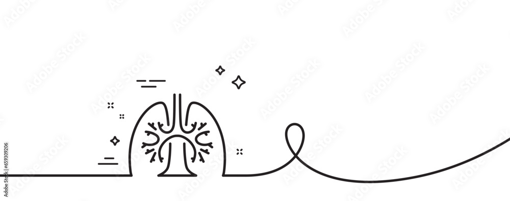 Lungs line icon. Continuous one line with curl. Pneumonia disease sign ...