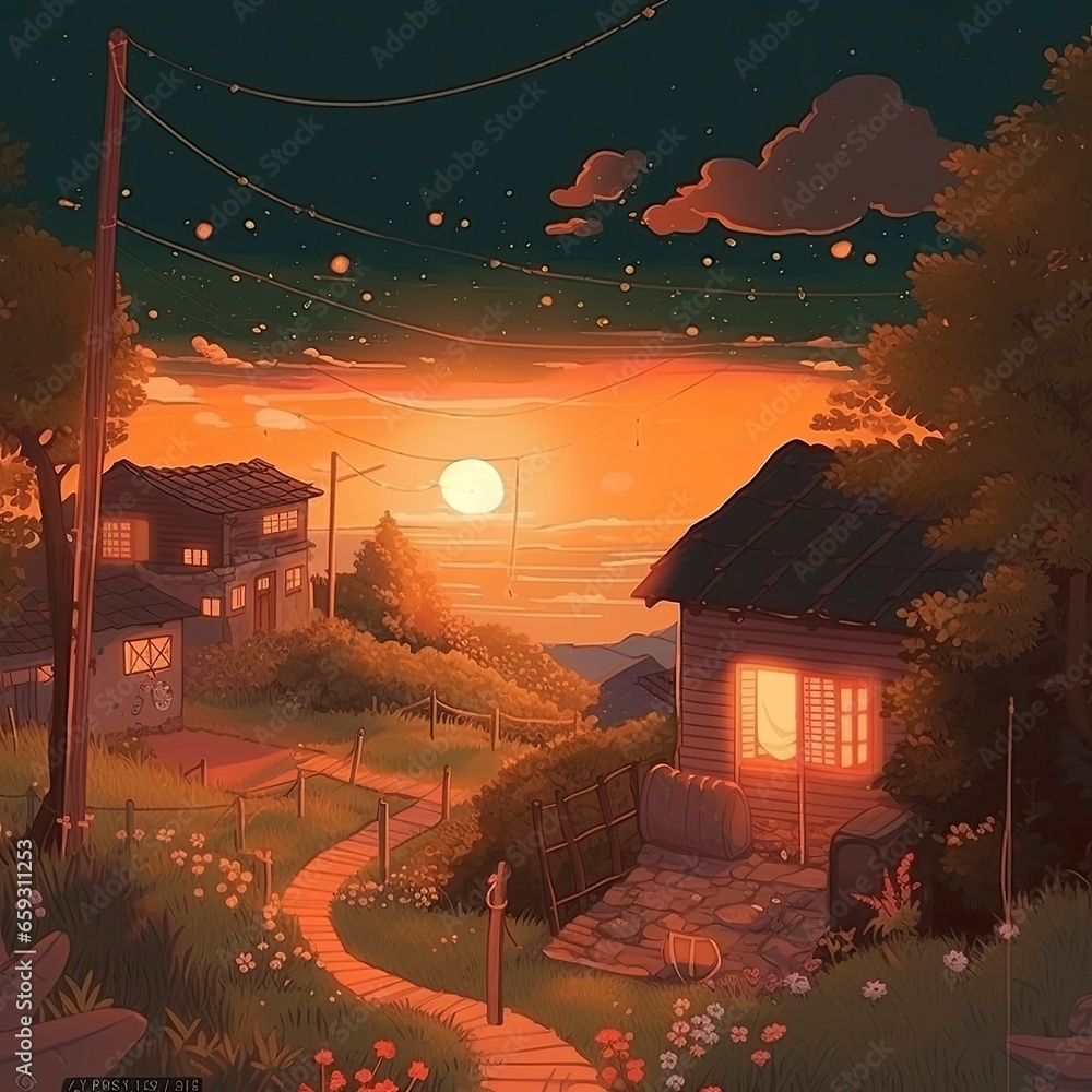 AI illustration of a village landscape at sunset. Cartoon scene ...