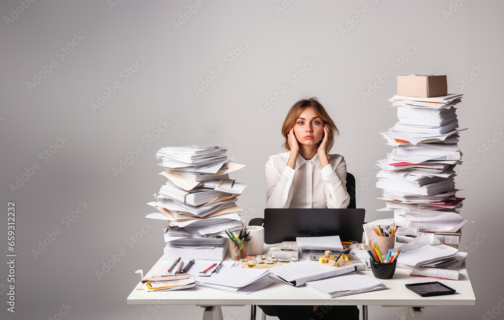 Tired of work and many tasks, a woman sitting. White background. Notes ...
