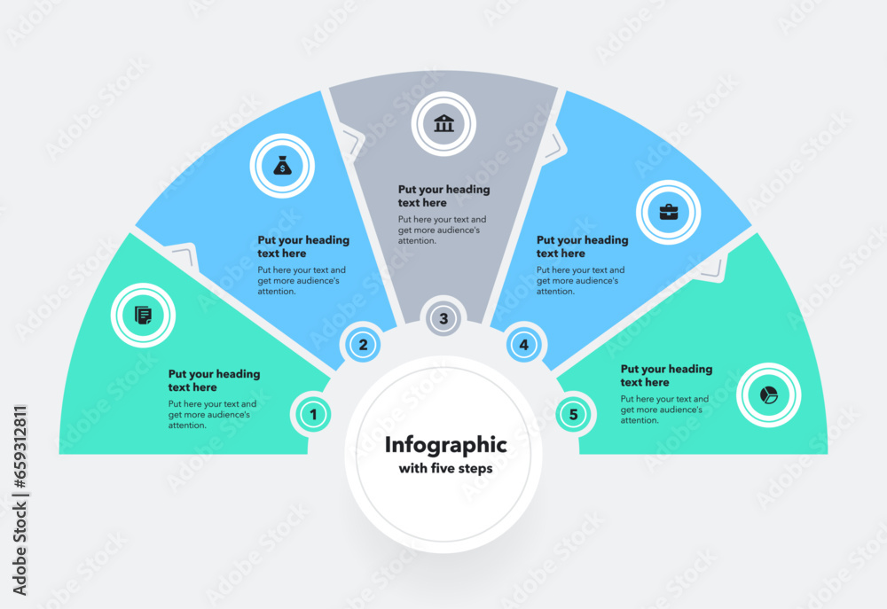 Process flow diagram divided into five steps. Flat infographic with ...