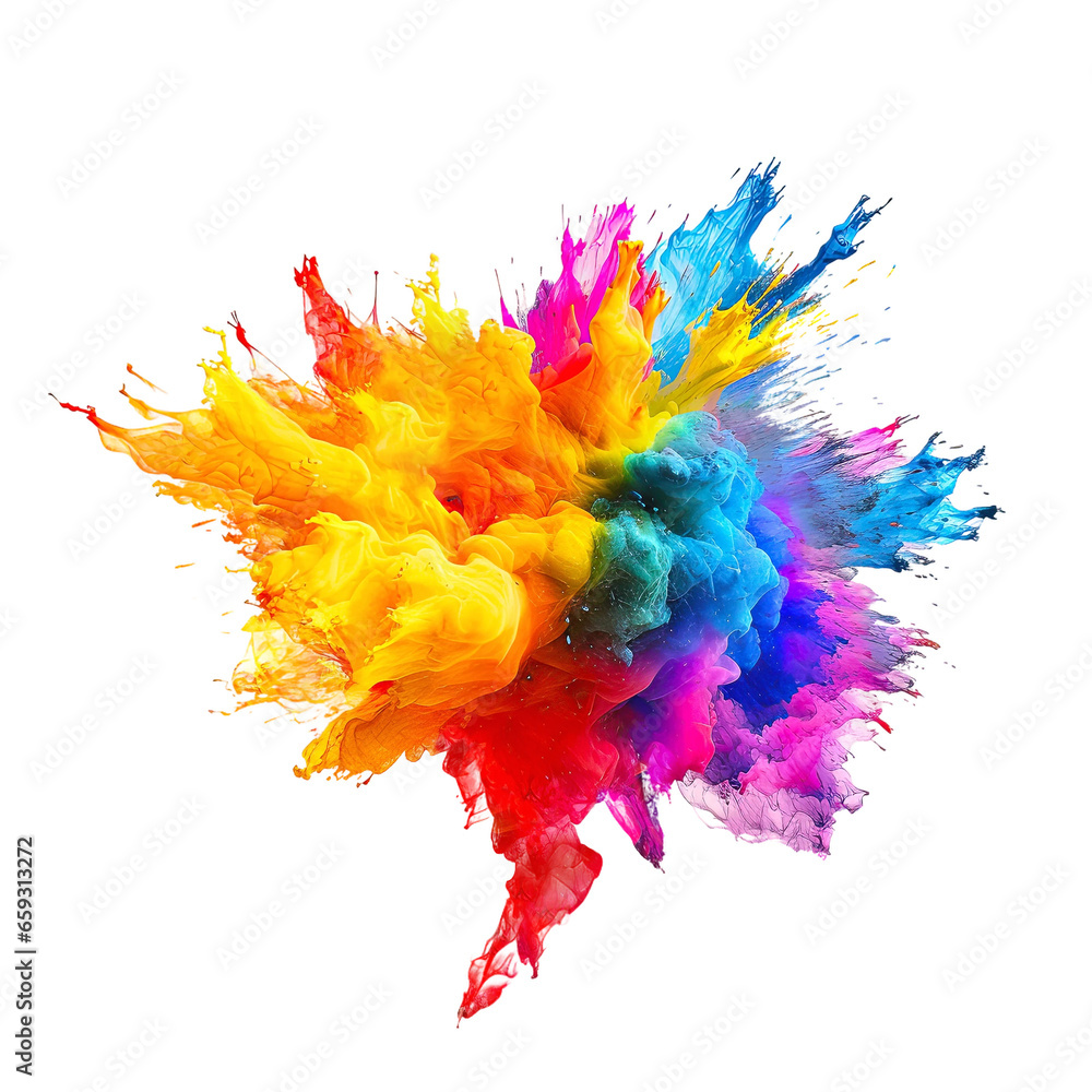 Powerful explosion of colorful rainbow holi powder on transparent ...
