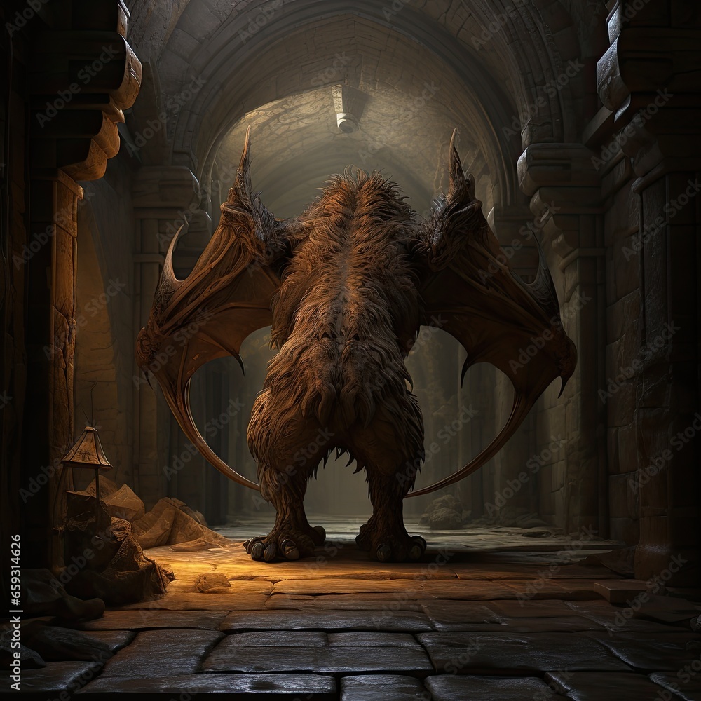 Giant horrific furry creature, a monster, with bat's wings standing in ...