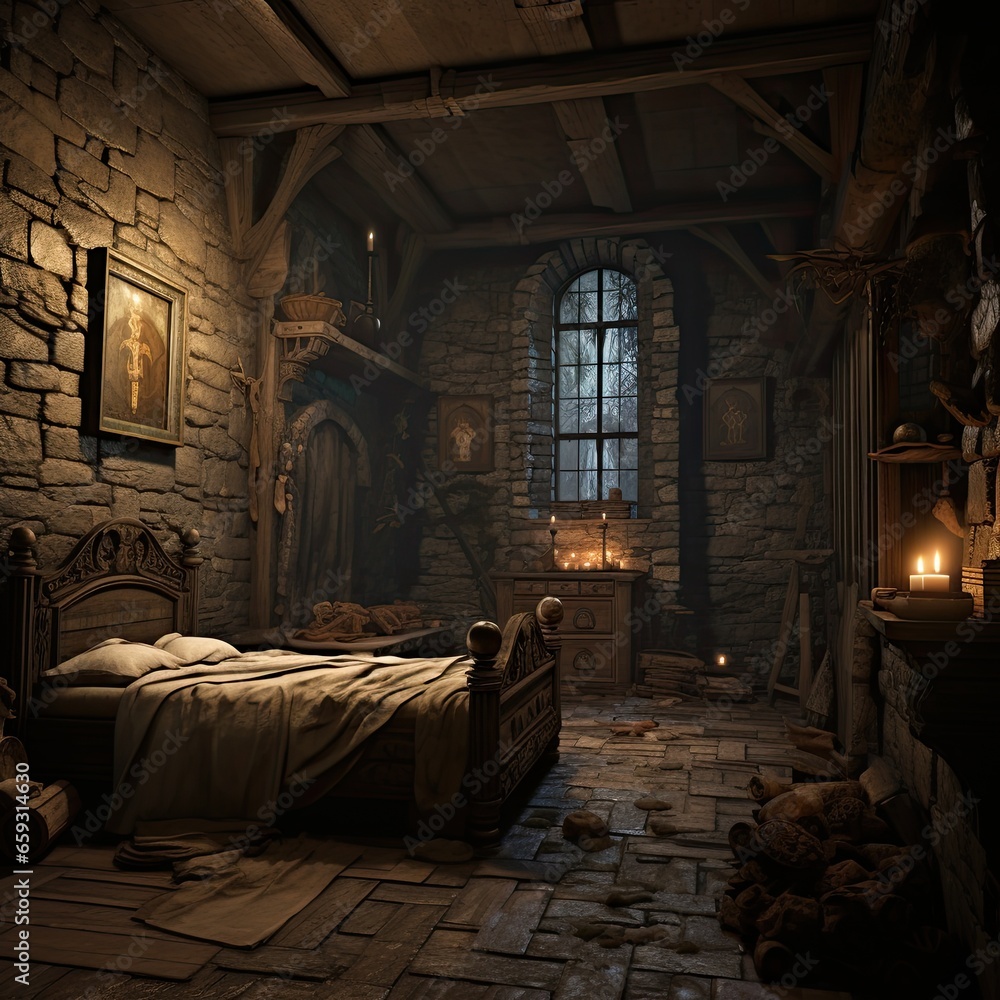 AI art. A medieval chamber in a castle, palace. Ancient tower interior ...