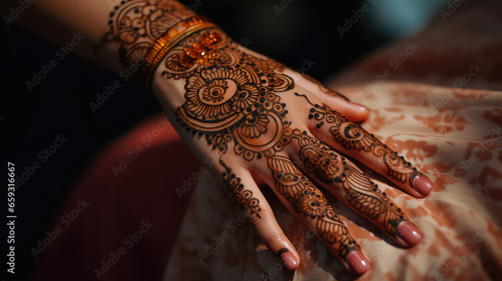 Women hands in traditional mehendi henna. Henna drawings on female skin of hand, custom and ...
