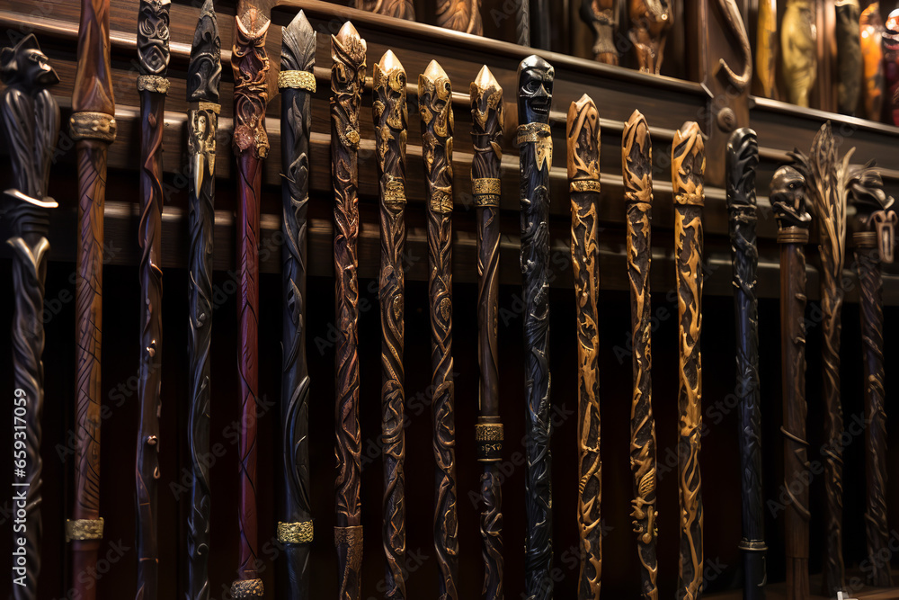 Rows of hand-carved wands made from various types of wood are elegantly ...