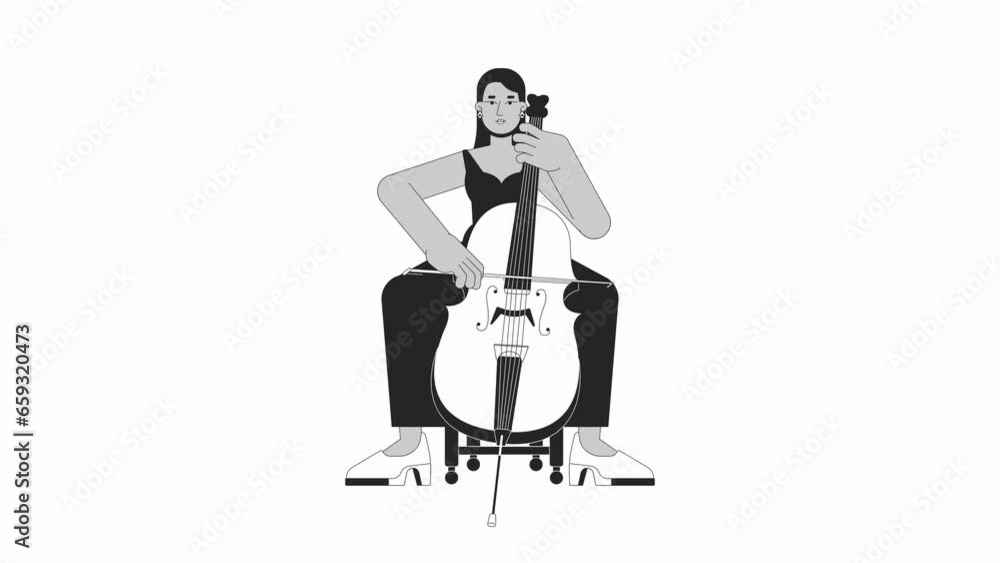 Vidéo Stock Concert cello girl bw outline cartoon animation. Playing ...